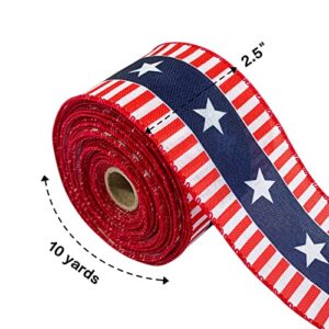 4th of July Patriotic Ribbons 2.5 Inch ×10 Yards, Memorial Day Wired Edge Ribbon Blue Red Burlap Ribbons American Stars Stripe Ribbon Bows for Gift Wrapping American Memorial Day Decorations