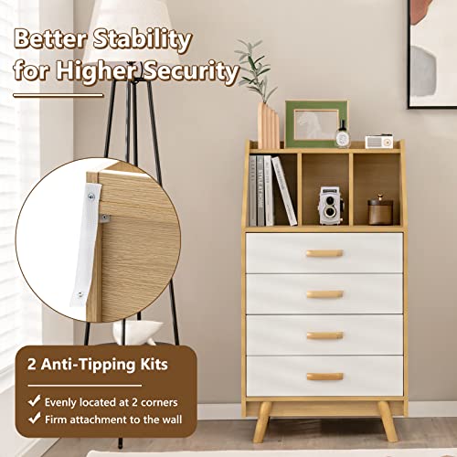 Giantex 4-Drawer Dresser Storage Cabinet - Freestanding Chest of Drawers with Countertop, 3 Open Shelves, 2 Anti-Tipping Kits, Floor Storage Organizer Unit for Living Room, Bedroom, Entryway (Natural)