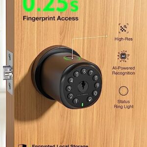 HOLOMARQ Fingerprint Door Knob Lock with Keypad Biometric Door Knob,Combination Door Knob, Smart Door Knob, 4 AA Batteries, for Bedroom Office Interior Door Sequra H2 Matte Black