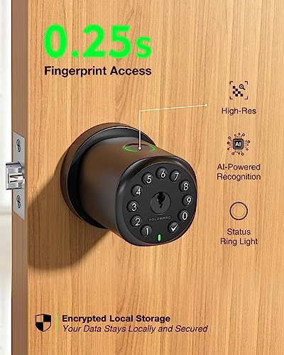 HOLOMARQ Fingerprint Door Knob Lock with Keypad Biometric Door Knob,Combination Door Knob, Smart Door Knob, 4 AA Batteries, for Bedroom Office Interior Door Sequra H2 Matte Black