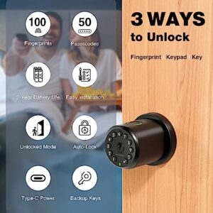 HOLOMARQ Fingerprint Door Knob Lock with Keypad Biometric Door Knob,Combination Door Knob, Smart Door Knob, 4 AA Batteries, for Bedroom Office Interior Door Sequra H2 Matte Black