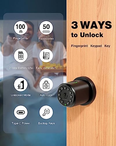 HOLOMARQ Fingerprint Door Knob Lock with Keypad Biometric Door Knob,Combination Door Knob, Smart Door Knob, 4 AA Batteries, for Bedroom Office Interior Door Sequra H2 Matte Black