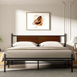 haoara king size bed frame with rustic wood headboard, metal heavy duty platform frame, sturdy steel slat support, no box spring needed, black