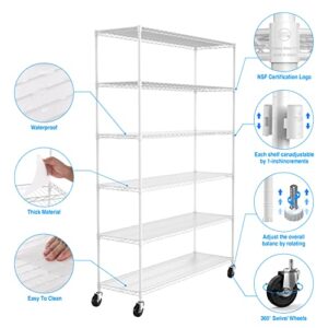 6 Tier NSF Metal Shelf Wire Shelving Unit, 6000lbs Capacity Heavy Duty Adjustable Storage Rack with Wheels & Shelf Liners for Commercial Grade Utility Steel Storage Rack, 82"H x 48"L x 18"D - White