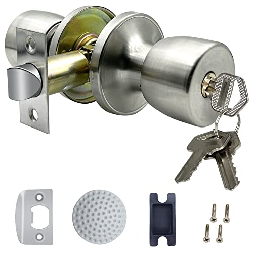 DSJJBLL Satin Nickel Door Knob with Lock and Key Round Ball Lock Interior/Exterior Door Knob for Bedroom Or Bathroom