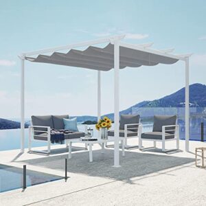 patiorama 10’ x 10’ outdoor retractable pergola with sun shade canopy, white patio aluminum shelter grape trellis, patio gazebo pergola, large pavillion grill for garden porch yard bbq (gray)