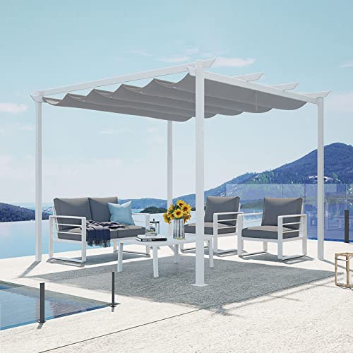 Patiorama 10’ x 10’ Outdoor Retractable Pergola with Sun Shade Canopy, White Patio Aluminum Shelter Grape Trellis, Patio Gazebo Pergola, Large Pavillion Grill for Garden Porch Yard BBQ (Gray)