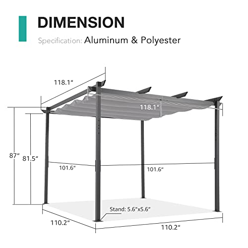 Patiorama 10’ x 10’ Outdoor Retractable Pergola with Sun Shade Canopy, Dark Gray Patio Aluminum Shelter Grape Trellis, Patio Gazebo Pergola, Large Pavillion Grill for Garden Porch Yard BBQ (Gray)