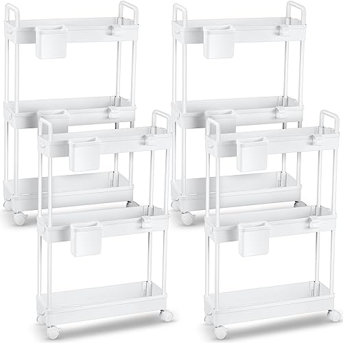 Qunclay 4 Pack Plastic Slim Storage Rolling Cart 3 Tier Storage Cabinet Moveable Bookshelf on Wheels Shelves Thin Storage Cart for Bathroom Laundry Room Book Cart Under Desk Storage Shelf Small Space