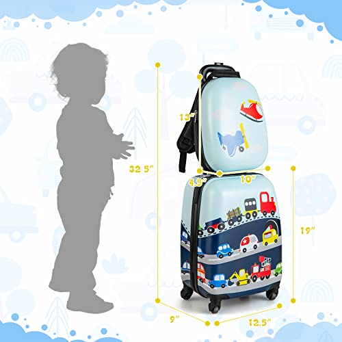 HONEY JOY Kids Luggage, 12" Toddler Backpack & 16" Travel Suitcase with Wheels, Lightweight Toddler Girls Suitcase, Durable ABS Hardshell, 2Pcs Carry On Luggage Set for Boys Girls(Car)