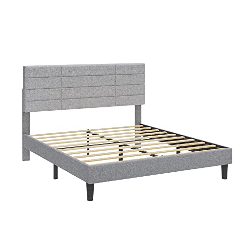 Sunrise Coast Bed Frame Queen Size Upholstered Platform Beds with Headboard Linen Fabric Wood Slat Support + Iron Frame, Mattress Foundation, No Box Spring Needed, Light Grey