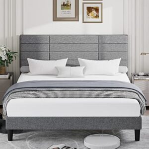 sunrise coast bed frame queen size upholstered platform beds with headboard linen fabric wood slat support + iron frame, mattress foundation, no box spring needed, light grey