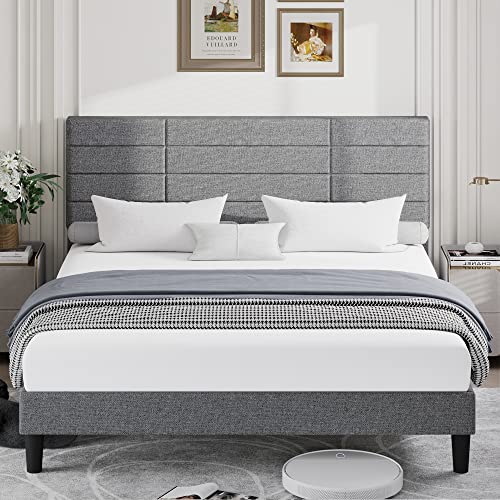 Sunrise Coast Bed Frame Queen Size Upholstered Platform Beds with Headboard Linen Fabric Wood Slat Support + Iron Frame, Mattress Foundation, No Box Spring Needed, Light Grey