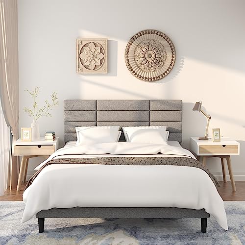 Sunrise Coast Bed Frame Queen Size Upholstered Platform Beds with Headboard Linen Fabric Wood Slat Support + Iron Frame, Mattress Foundation, No Box Spring Needed, Light Grey