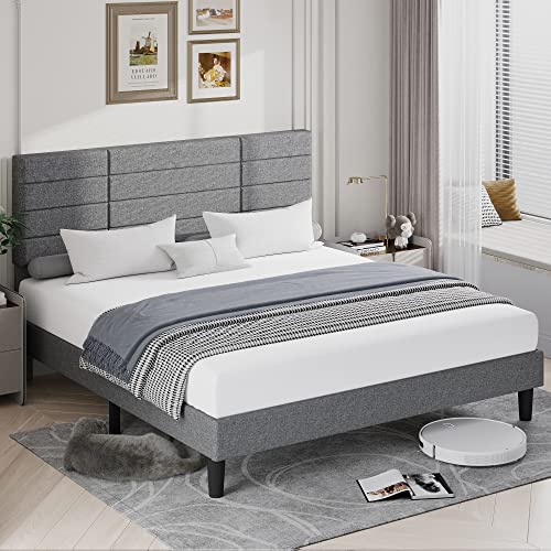 Sunrise Coast Bed Frame Queen Size Upholstered Platform Beds with Headboard Linen Fabric Wood Slat Support + Iron Frame, Mattress Foundation, No Box Spring Needed, Light Grey