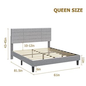 Sunrise Coast Bed Frame Queen Size Upholstered Platform Beds with Headboard Linen Fabric Wood Slat Support + Iron Frame, Mattress Foundation, No Box Spring Needed, Light Grey