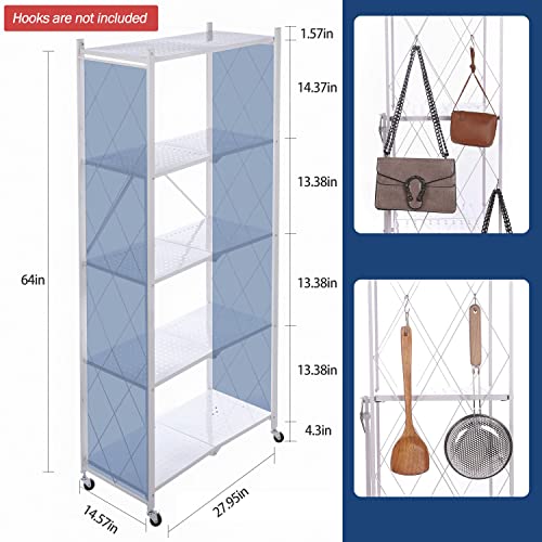 Letusto Heavy Duty Foldable Collapsible Shelf with Wheels with Breaks - Folding Metal Frame Shelving Pantry Organizer System Rack - Shelves with No Assembly Required (Natural, 5 Tier)