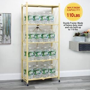 Letusto Heavy Duty Foldable Collapsible Shelf with Wheels with Breaks - Folding Metal Frame Shelving Pantry Organizer System Rack - Shelves with No Assembly Required (Natural, 5 Tier)