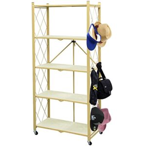 Letusto Heavy Duty Foldable Collapsible Shelf with Wheels with Breaks - Folding Metal Frame Shelving Pantry Organizer System Rack - Shelves with No Assembly Required (Natural, 5 Tier)