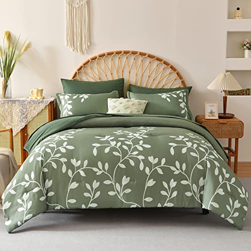 METAHOTS Comforters Queen Size, 7 Piece Flowers Botanical on Green Comforter Sets with Sheets and Pillows, Soft Lightweight Microfiber Bedding Set for All Season(90"X90")