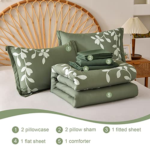 METAHOTS Comforters Queen Size, 7 Piece Flowers Botanical on Green Comforter Sets with Sheets and Pillows, Soft Lightweight Microfiber Bedding Set for All Season(90"X90")