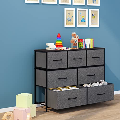 Maxtown Dresser for Bedroom with 7 Drawers, Dressers & Chests of Drawers with Fabric Storage Drawer, Sturdy Steel Frame, Wood Top, Closet Storage Organizer for Living Room/Bedroom/Hallway/Entryway,