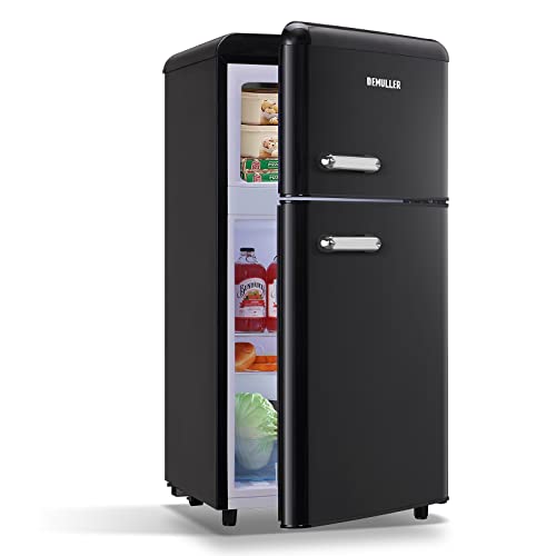 DEMULLER Mini Fridge Dual Door Refrigerator with Freezer, 3.5 Cu.Ft Compact Refrigerator with Handle, Adjustable Temperature & Removable Glass Shelves, for Apartment/Dorm/Office/RV, Black