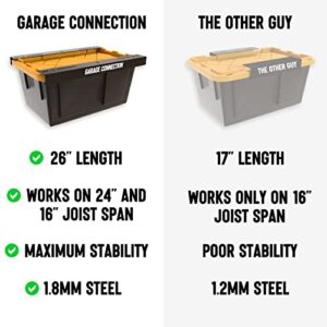 Overhead Garage Storage Bin Rack - Ceiling Bracket for Holding Gallon Tote - Organization Steel Black Shelving and Track (2 Pack)