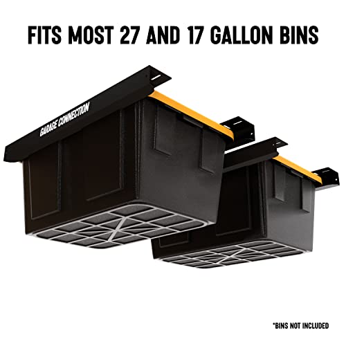 Overhead Garage Storage Bin Rack - Ceiling Bracket for Holding Gallon Tote - Organization Steel Black Shelving and Track (2 Pack)