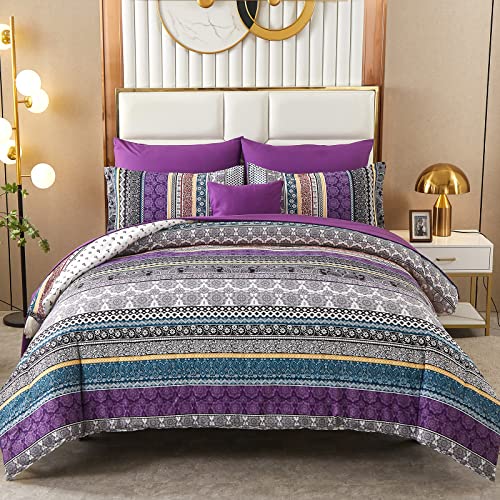 Boho Comforter Set Full Size 8 Piece Bed in a Bag Bohemian Striped Bedding Quilt Set Purple Paisley Floral Comforter and Sheet Set,Soft Microfiber Complete Bedding Sets for All Season