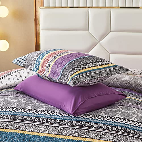 Boho Comforter Set Full Size 8 Piece Bed in a Bag Bohemian Striped Bedding Quilt Set Purple Paisley Floral Comforter and Sheet Set,Soft Microfiber Complete Bedding Sets for All Season