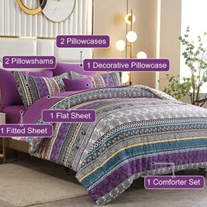 Boho Comforter Set Full Size 8 Piece Bed in a Bag Bohemian Striped Bedding Quilt Set Purple Paisley Floral Comforter and Sheet Set,Soft Microfiber Complete Bedding Sets for All Season