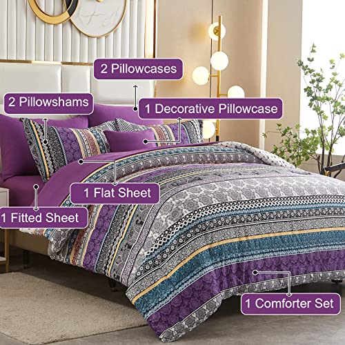 Boho Comforter Set Full Size 8 Piece Bed in a Bag Bohemian Striped Bedding Quilt Set Purple Paisley Floral Comforter and Sheet Set,Soft Microfiber Complete Bedding Sets for All Season