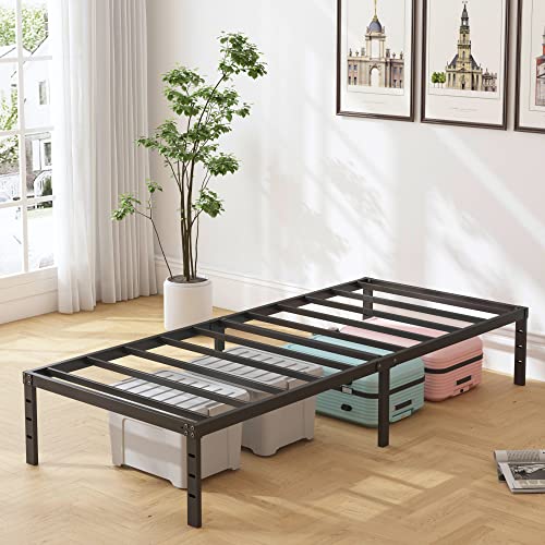 HOBINCHE 16 Inch Twin Size Bed Frame, No Box Spring Needed, Heavy Duty Black Metal Platform Mattress Foundation with Steel Slats, Non-Slip Noise Free Easy Assembly, Cleance Storage