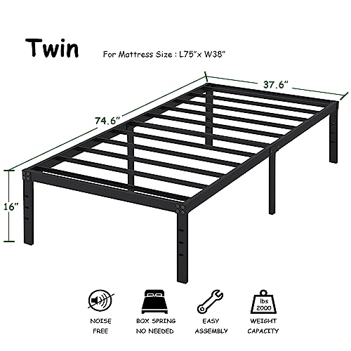 HOBINCHE 16 Inch Twin Size Bed Frame, No Box Spring Needed, Heavy Duty Black Metal Platform Mattress Foundation with Steel Slats, Non-Slip Noise Free Easy Assembly, Cleance Storage