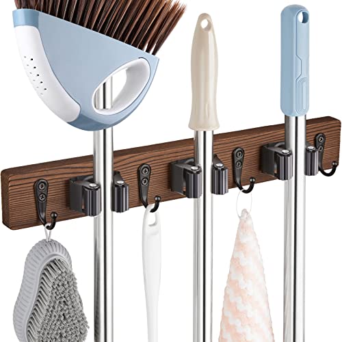 OUTNILI Mop Broom Holder Wall Mount with 3 Slots & 4 Hooks - Rustic Wood Broom Mop Hanger for Pantry Kitchen Organization - Garden Tool Organizer for Closet Laundry Room - Farmhouse Kitchen Decor