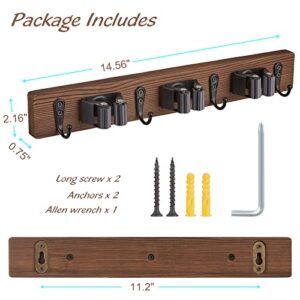 OUTNILI Mop Broom Holder Wall Mount with 3 Slots & 4 Hooks - Rustic Wood Broom Mop Hanger for Pantry Kitchen Organization - Garden Tool Organizer for Closet Laundry Room - Farmhouse Kitchen Decor