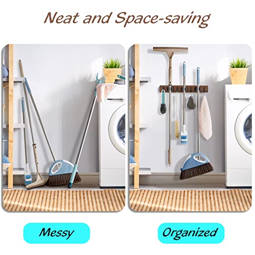 OUTNILI Mop Broom Holder Wall Mount with 3 Slots & 4 Hooks - Rustic Wood Broom Mop Hanger for Pantry Kitchen Organization - Garden Tool Organizer for Closet Laundry Room - Farmhouse Kitchen Decor