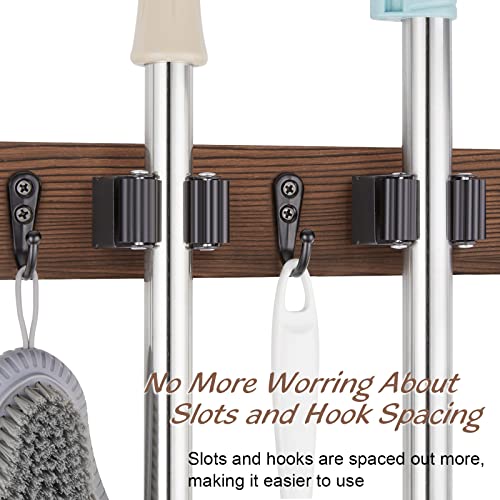 OUTNILI Mop Broom Holder Wall Mount with 3 Slots & 4 Hooks - Rustic Wood Broom Mop Hanger for Pantry Kitchen Organization - Garden Tool Organizer for Closet Laundry Room - Farmhouse Kitchen Decor