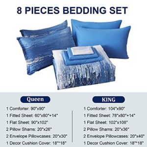 Dinjoy Ombre Blue Comforter Set Full Size Reversible Gradient Blue Grey Boho Bedding Set for Men Women 8 Pieces Bed in A Bag Bohemian Bed Set with Comforter, Sheets, Pillowcases & Shams