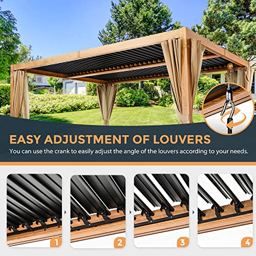 HAPPATIO Louvered Pergola 10x13 Outdoor Pergola, Woodgrain-Look Metal Pergola with Adjustable Rainproof Roof, Patio Pergola with Curtains and Mosquito Nets, Aluminum Pergola for Patio, Backyard, Deck