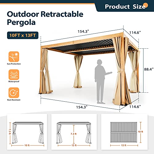 HAPPATIO Louvered Pergola 10x13 Outdoor Pergola, Woodgrain-Look Metal Pergola with Adjustable Rainproof Roof, Patio Pergola with Curtains and Mosquito Nets, Aluminum Pergola for Patio, Backyard, Deck