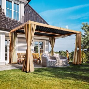 HAPPATIO Louvered Pergola 10x13 Outdoor Pergola, Woodgrain-Look Metal Pergola with Adjustable Rainproof Roof, Patio Pergola with Curtains and Mosquito Nets, Aluminum Pergola for Patio, Backyard, Deck