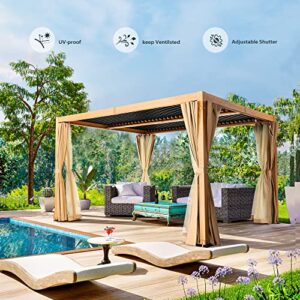 HAPPATIO Louvered Pergola 10x13 Outdoor Pergola, Woodgrain-Look Metal Pergola with Adjustable Rainproof Roof, Patio Pergola with Curtains and Mosquito Nets, Aluminum Pergola for Patio, Backyard, Deck