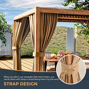 HAPPATIO Louvered Pergola 10x13 Outdoor Pergola, Woodgrain-Look Metal Pergola with Adjustable Rainproof Roof, Patio Pergola with Curtains and Mosquito Nets, Aluminum Pergola for Patio, Backyard, Deck