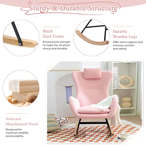 KINFFICT Accent Rocking Chair, Tufted Upholstered Glider Rocker for Nursery, Comfy Armchair with Side Pockets, Modern Lounge Arm Chair for Living Room, Bedroom (Upgraded Teddy Pink)