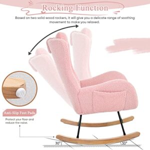 KINFFICT Accent Rocking Chair, Tufted Upholstered Glider Rocker for Nursery, Comfy Armchair with Side Pockets, Modern Lounge Arm Chair for Living Room, Bedroom (Upgraded Teddy Pink)