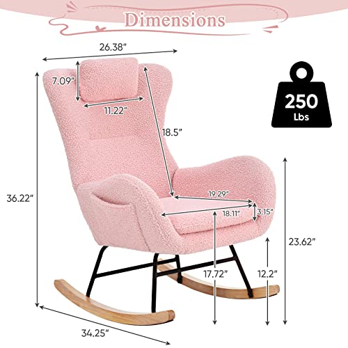 KINFFICT Accent Rocking Chair, Tufted Upholstered Glider Rocker for Nursery, Comfy Armchair with Side Pockets, Modern Lounge Arm Chair for Living Room, Bedroom (Upgraded Teddy Pink)