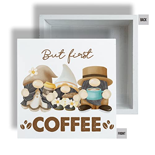 Farmhouse Coffee Gnomes Wooden Box Sign But First Coffee Quotes Wood Block Tabletop Sign Decorative Desk Sign Decor for Home Kitchen Shelf 5 X 5 Inches