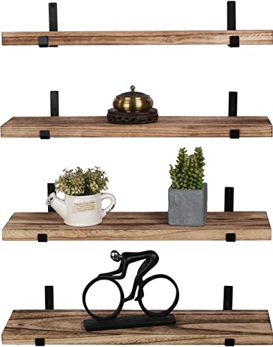 HXSWY 24 Inch Rustic Wood Floating Shelves for Wall Farmhouse Wooden Wall Shelves for Bathroom Kitchen Bedroom Living Room Set of 4 Light Brown